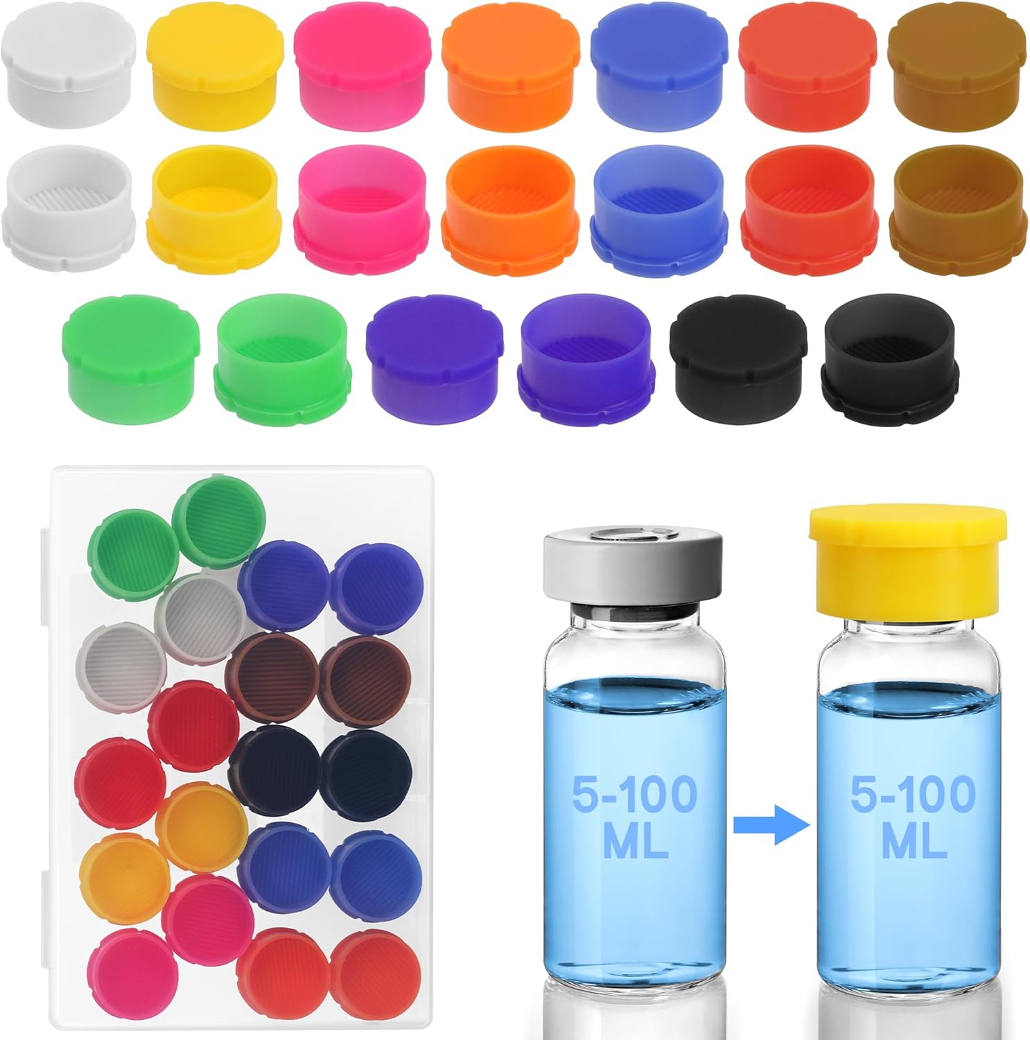 20 Pack 5-100ml Glass Vials Protective Vial Caps, Leak-Proof Dust ...