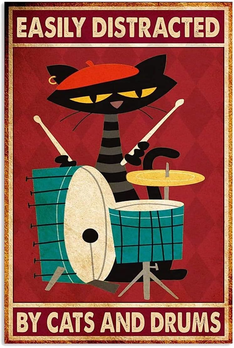 Amazon.com: KILSPU Black Cat Drummer Poster Metal Sign Vintage Easily ...