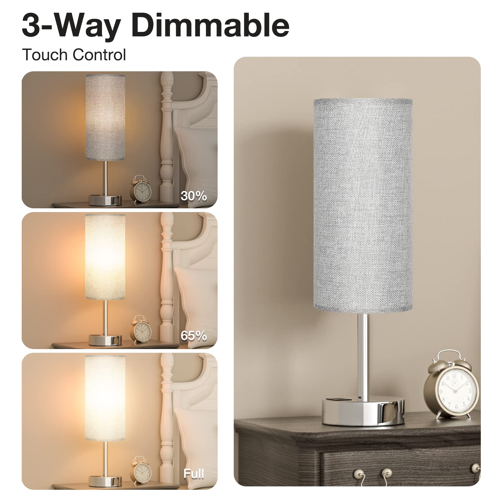 Snapklik.com : Grey Touch Nightstand Lamps For Girl - Small Bedside Lamp