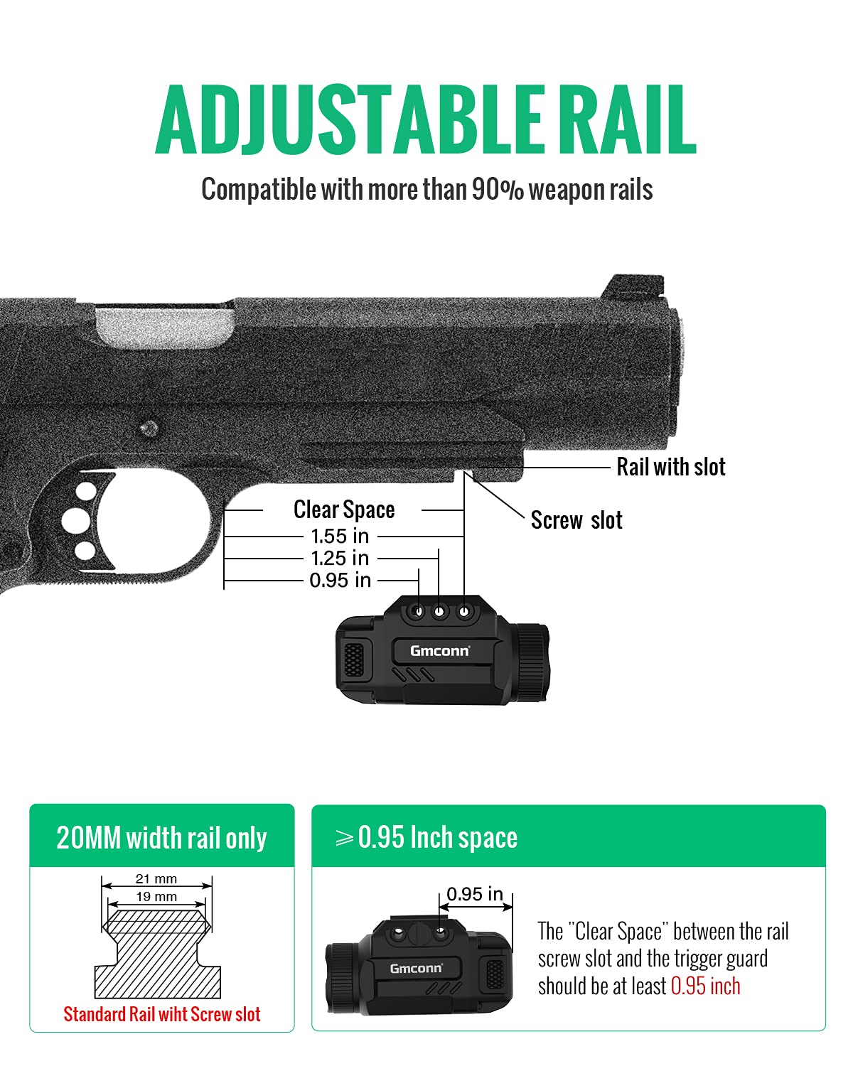 Gmconn Tactical Flashlight Pistol Light Rail Mounted 600 Lumens Small ...
