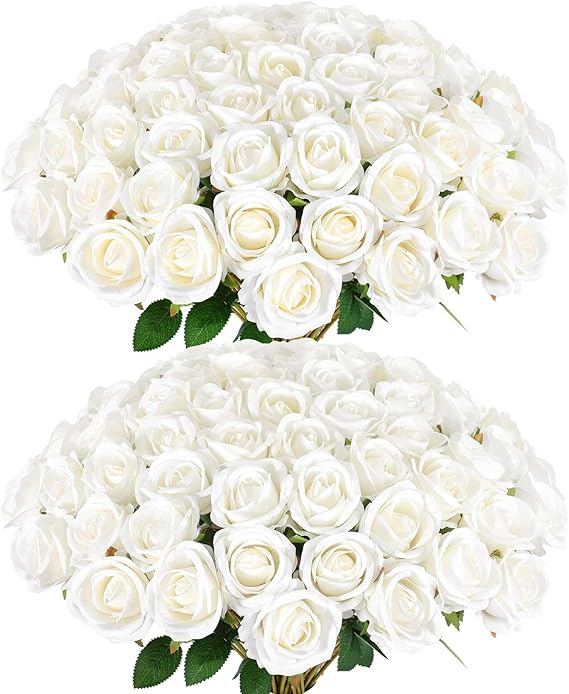 Amazon.com: Rowfad 60 Pcs Artificial Roses Bulk Velvet Silk White Roses ...