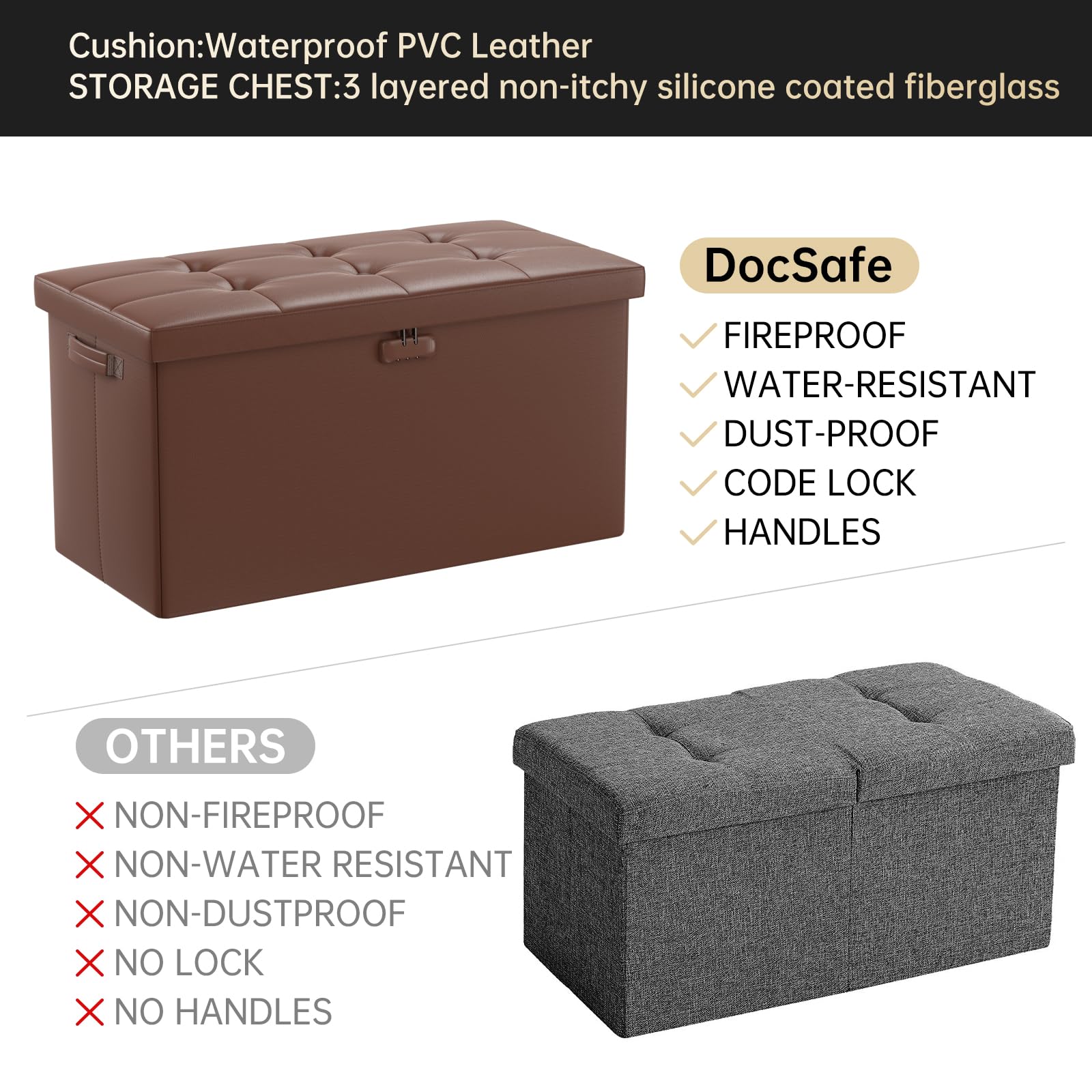 DocSafe Storage Ottoman Bench with Lock,Fireproof Folding Storage Bench ...