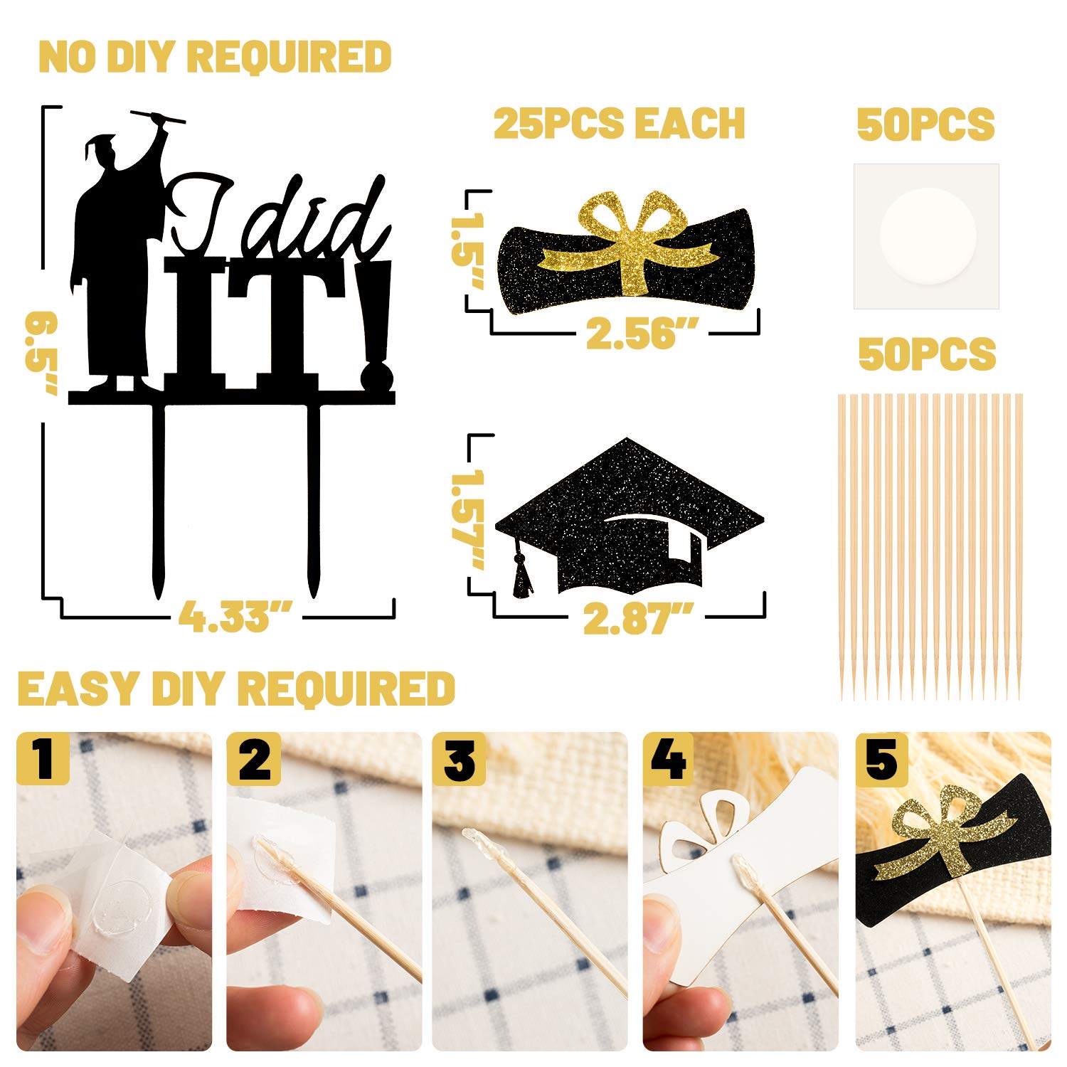 Whaline 51 Pack Graduation Cake Toppers,Grad Cupcake Topper, Diploma ...