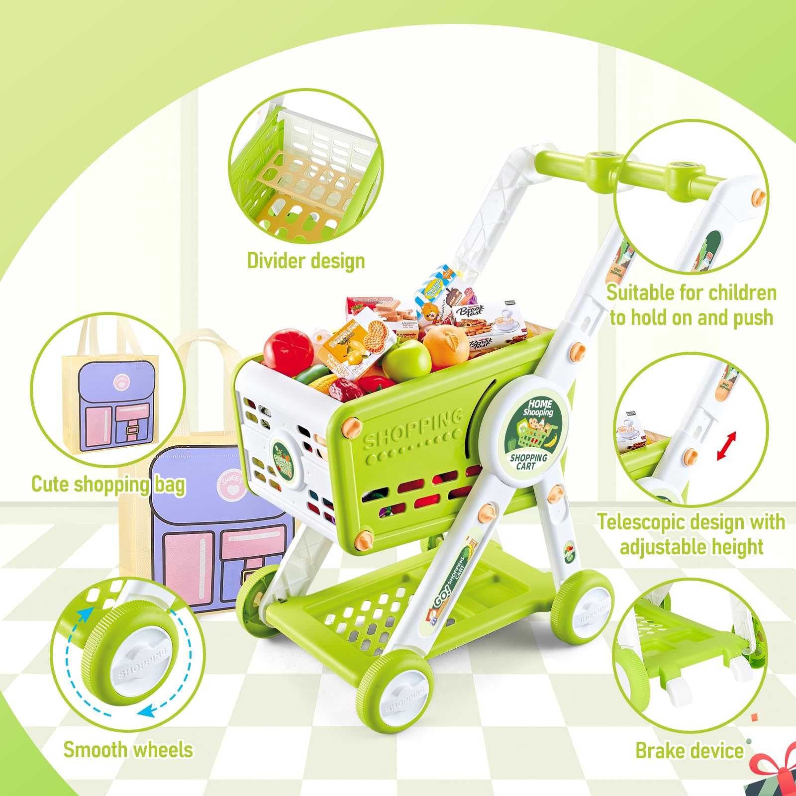 Snapklik.com : deAO Toy Shopping Cart For Kids,75 Pcs Trolley Play Set