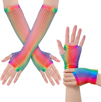 Amazon.com: 2 pairs Fingerless Fishnet Gloves Long for Women Rainbow ...
