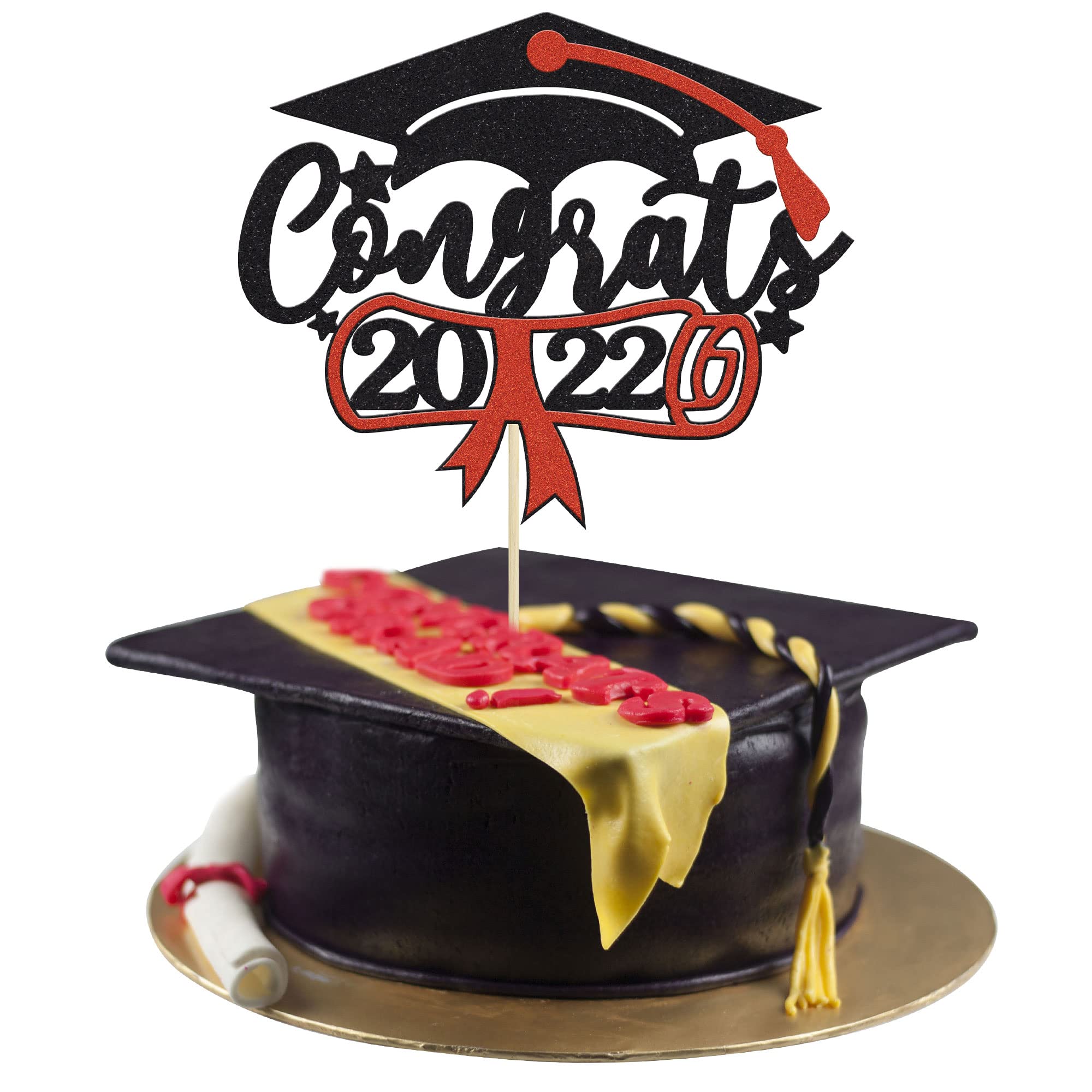 Buy 1Pc Congrats 2022 Cake Topper Red Glitter Diploma Graduation Cap ...