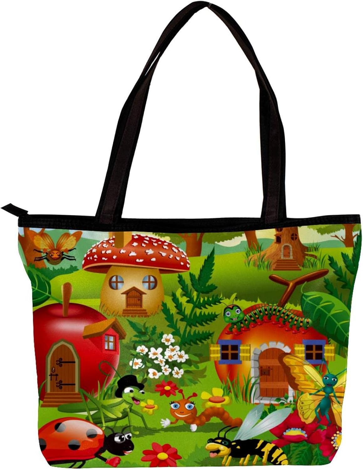 Cartoon Insect Mushroom Caterpillar Butterfly Tote Bag Satchel Bag ...