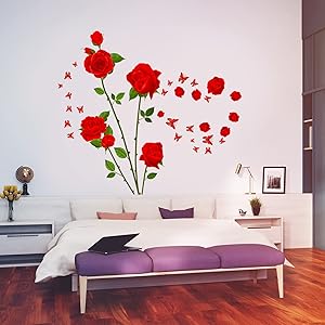 AnFigure Red Rose Flower Wall Stickers Rose Floral Wall Decals for ...