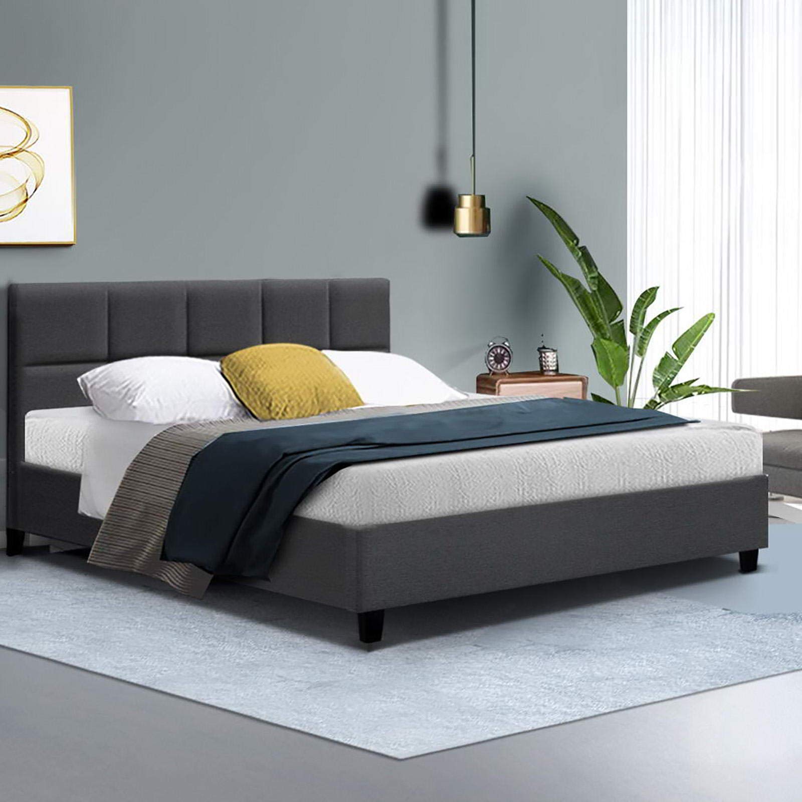 Artiss Double Bed Frame Platform Checkered Headboard Wooden Beds Base ...