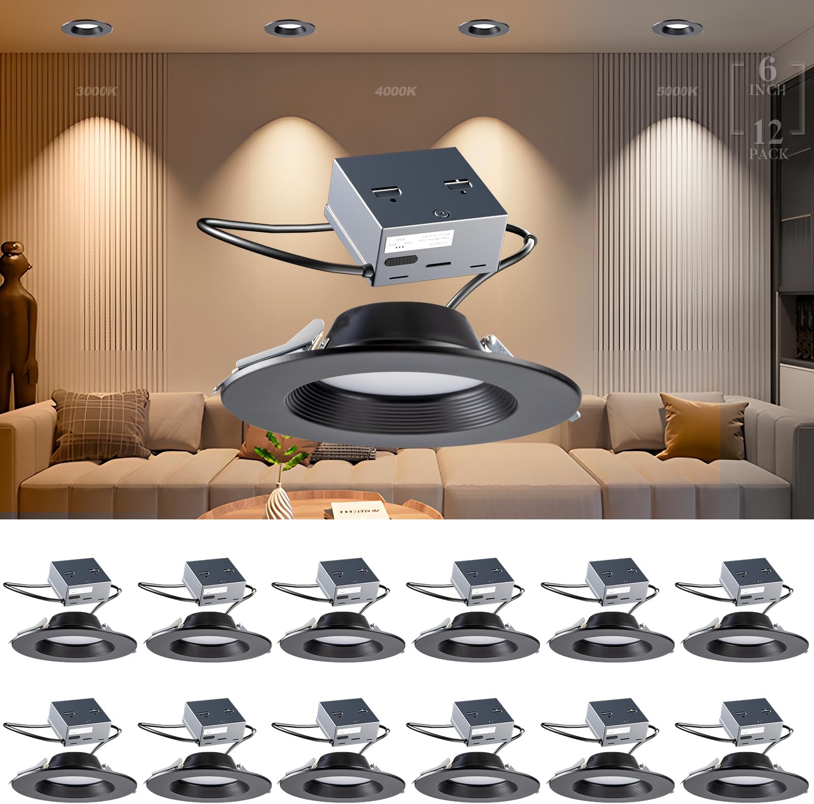 12 Pack 6 inch LED Recessed Lighting 3000K/4000K/5000K LED Canless ...