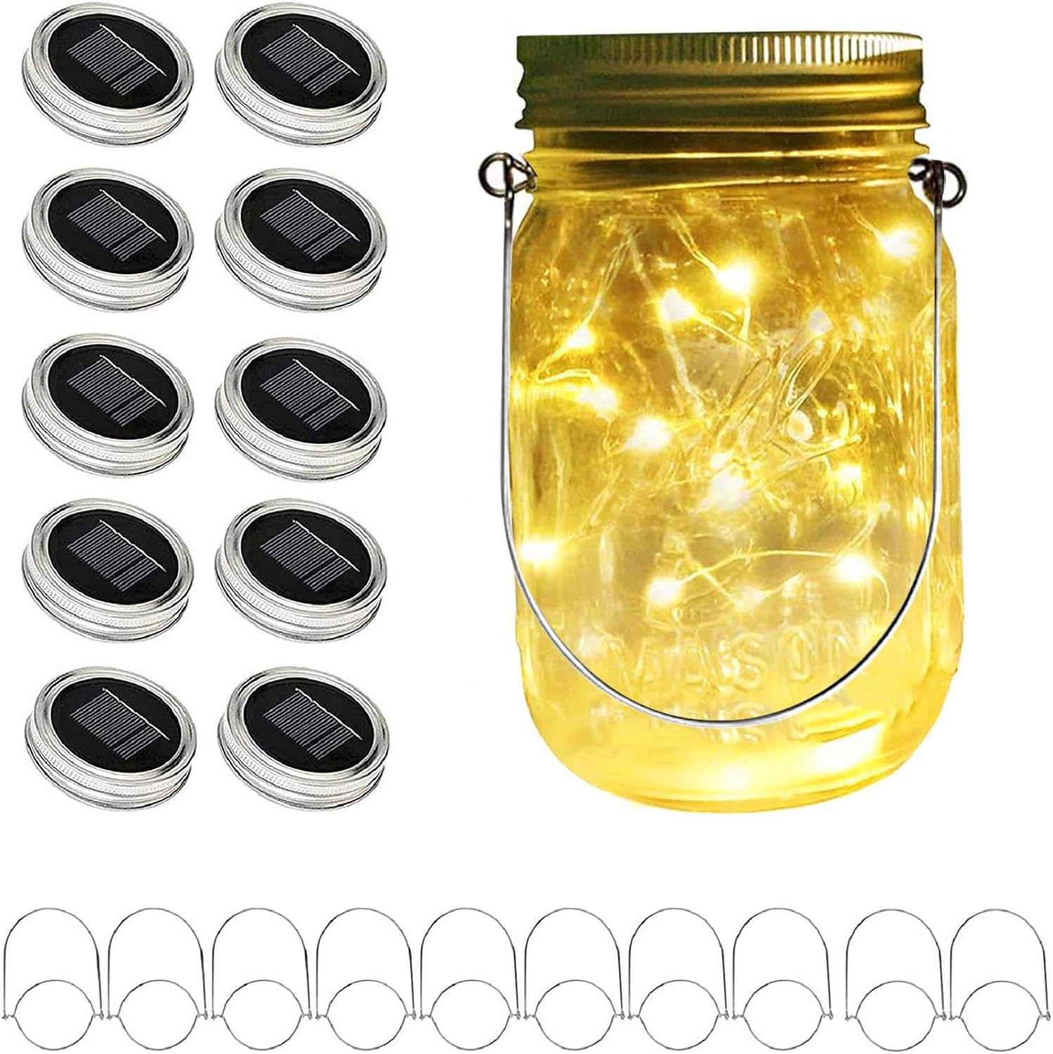 ANGMLN Solar Mason Jar Lights Lids, 10 Pack 30 LED Solar Fairy Lights ...