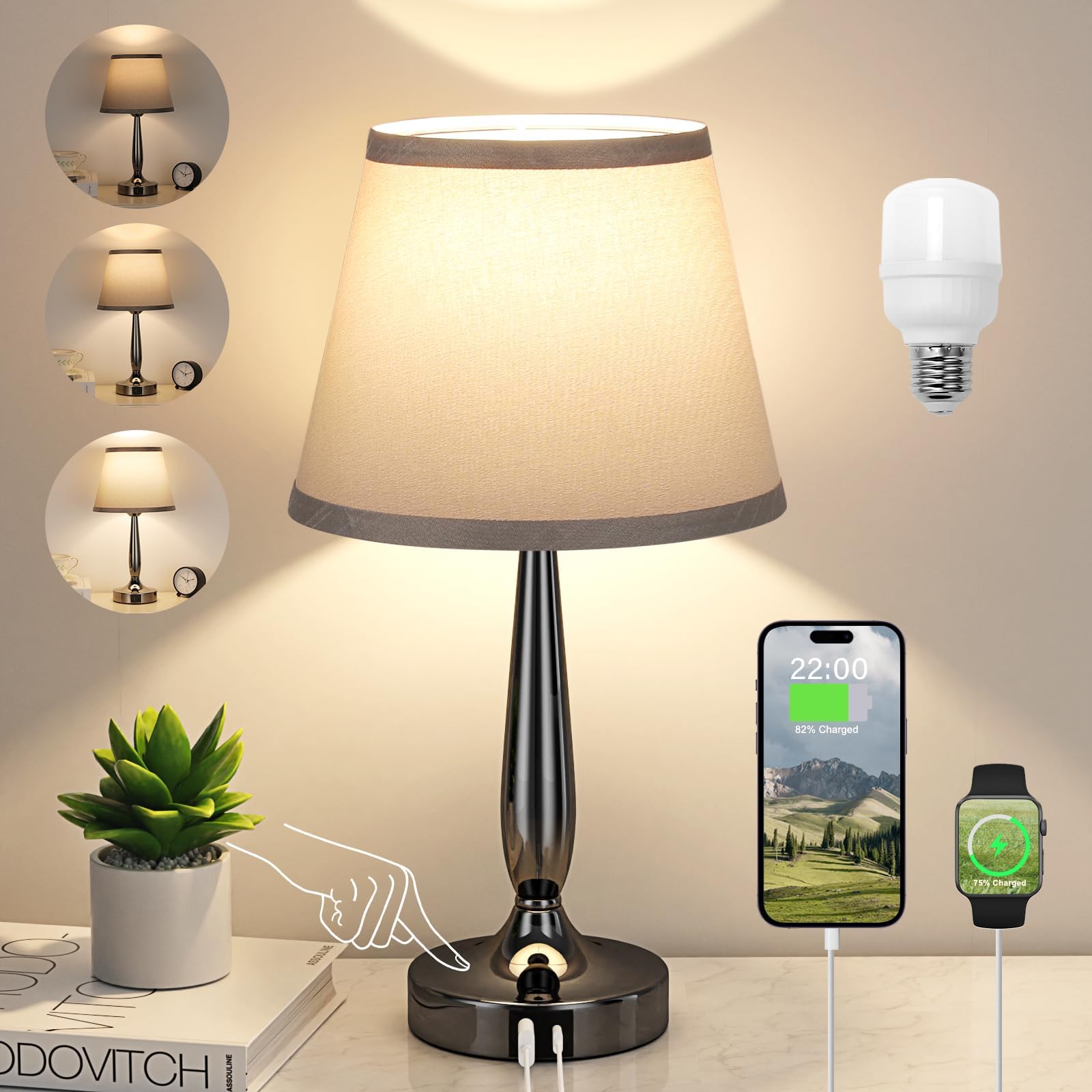lifeholder Bedside Lamp, Modern Globe Touch Lamp with Dual USB Ports, 3 ...