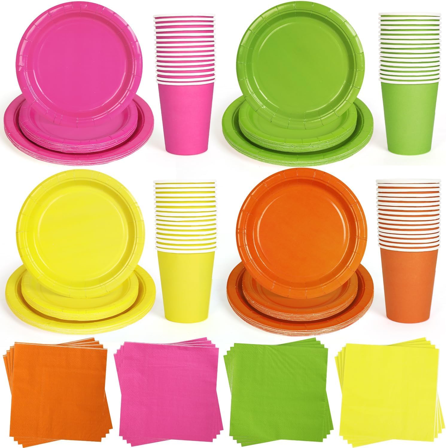 Amazon.com: FULJOOY 192 Pcs Neon Party Supplies - Paper Plates, Cups ...