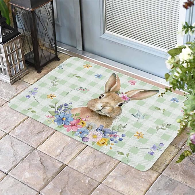 Amazon.com: Easter Door Mat Floral Bunny Doormat Rabbit Green Buffalo ...