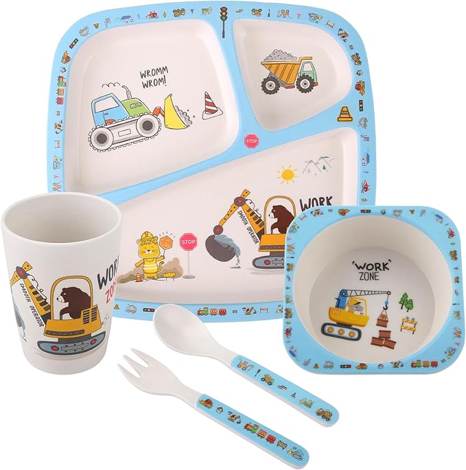 Amazon.com: Qshare 5Pcs Kids Tableware Set,Baby Bamboo Plates and Bowls ...