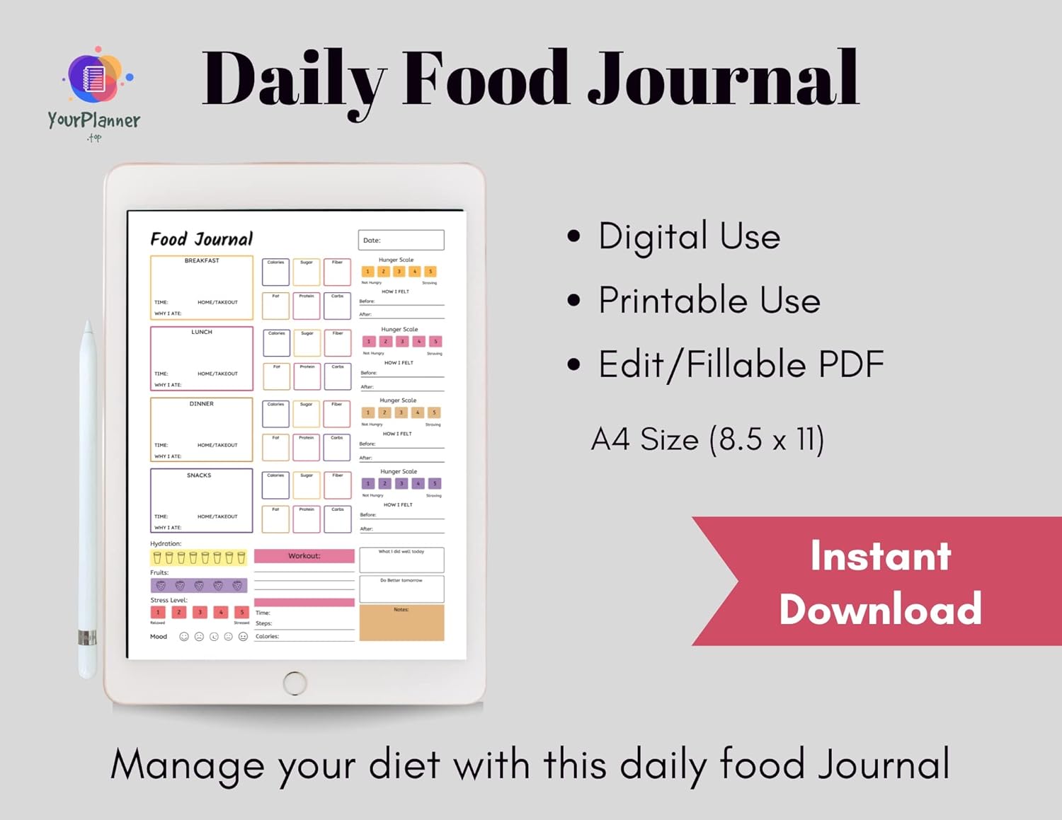 Food Journal, Daily food journal, Meal planner printable, Food diary ...