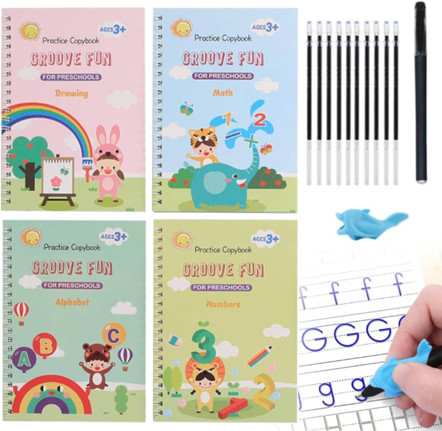 4Pcs Reusable Grooved Handwriting Practice Books, Large Magic Grooved ...