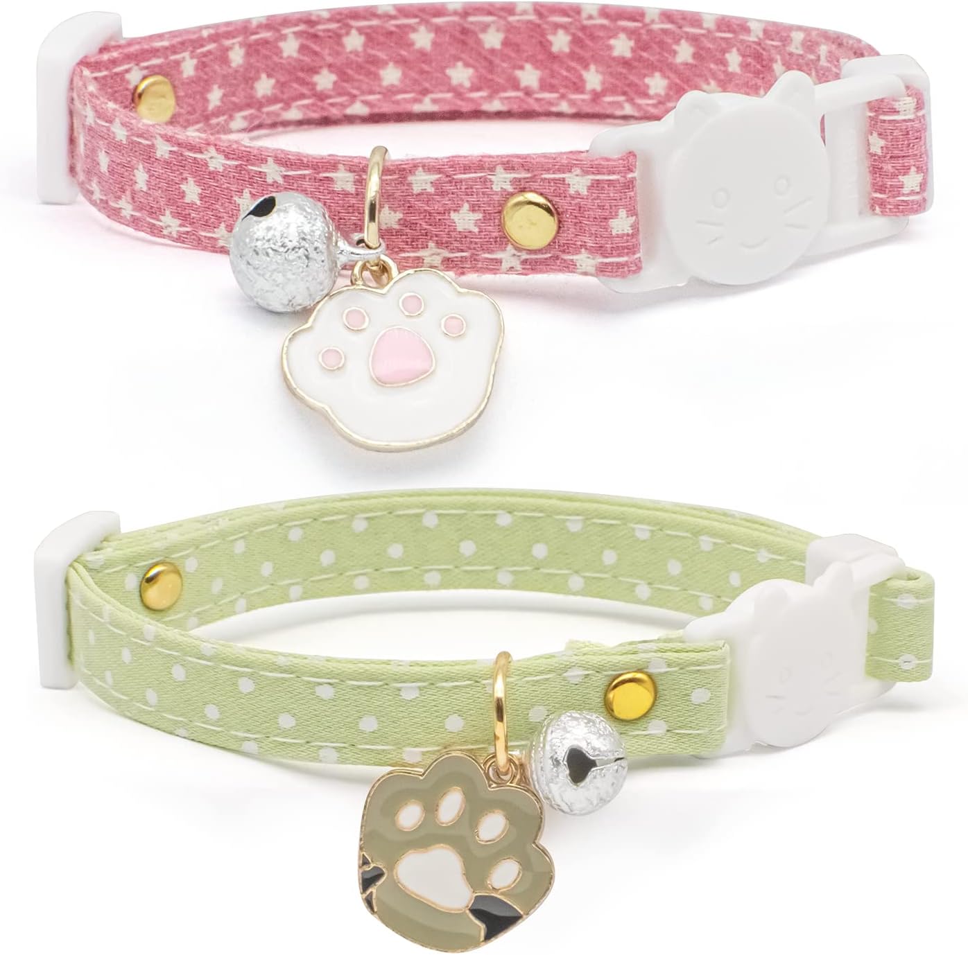 2 Pack Cotton Breakaway Cat Collar with Bell Pink & Green Paw Pendant ...