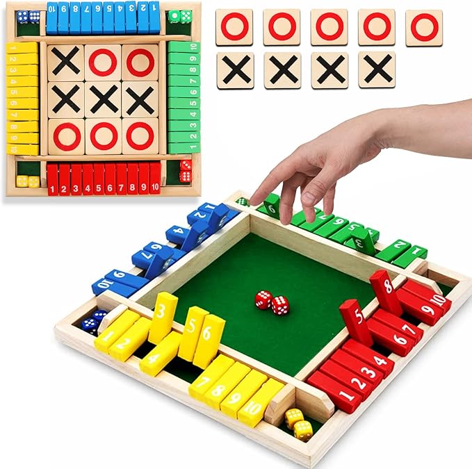Amazon.com: Shut The Box Dice Game Tic Tac Toe Wooden Board Game 2 in 1 ...