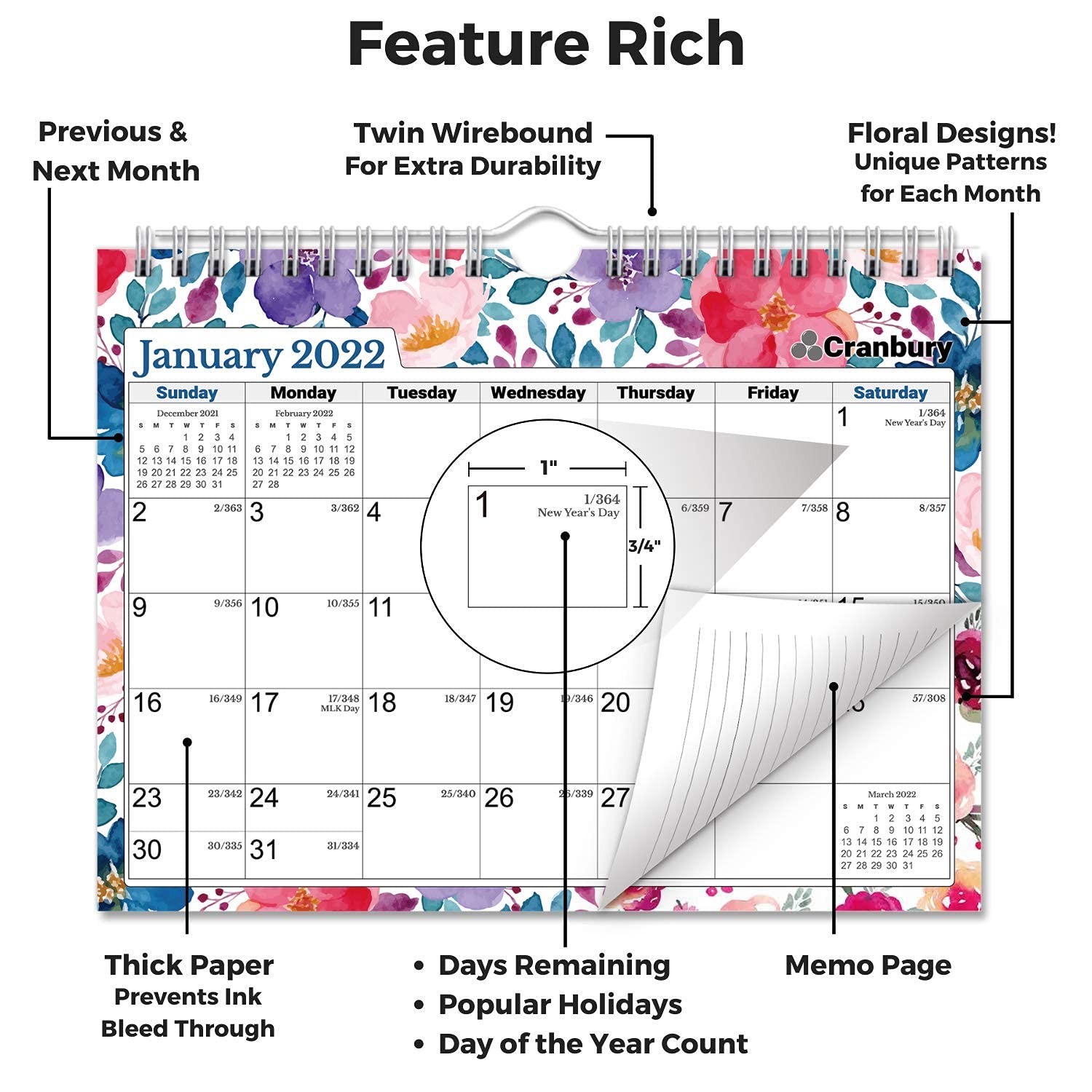 CRANBURY Small Wall Calendar 2022 2023 - (Floral) Gorgeous 8x6" Mini ...