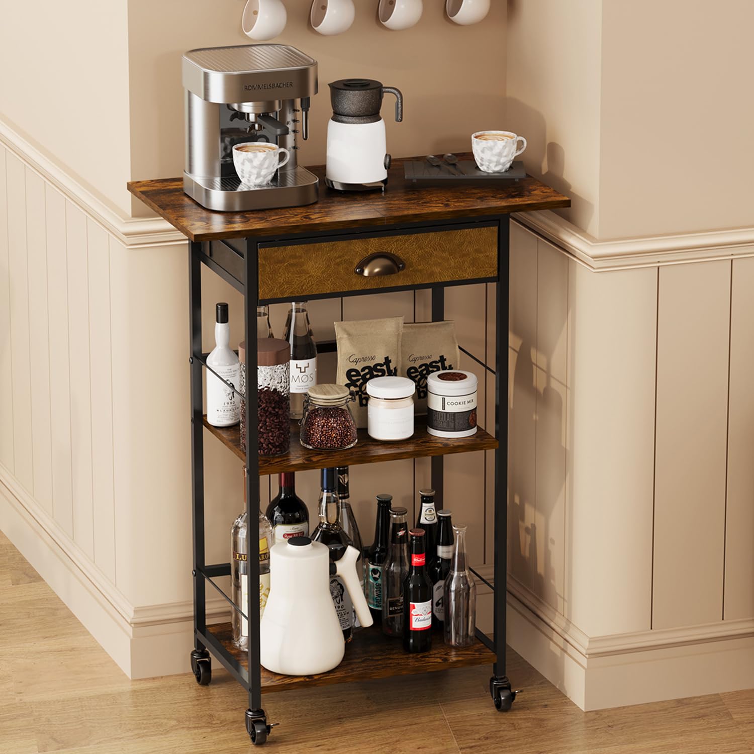 Buy Coffee Bar Stand Station Cart with Storage Drawer -3 Tier, Extended ...