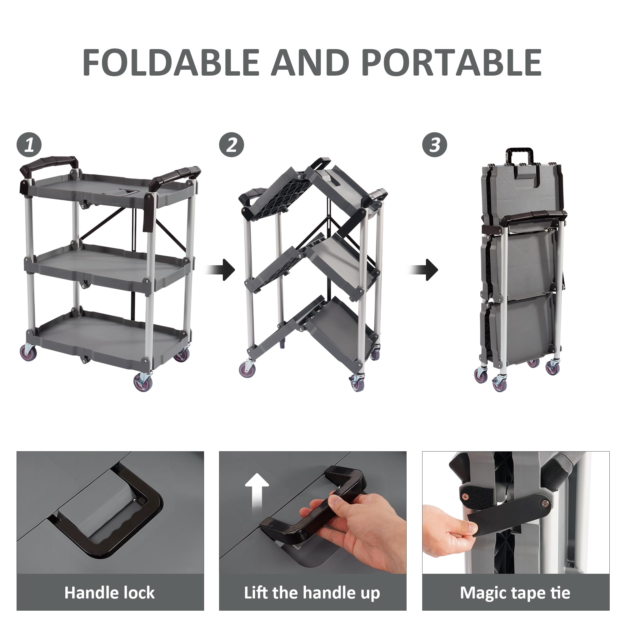 Snapklik.com : Elevon Aluminum Service Push Cart Portable Utility 3 Tier Collapsible Shelving Unit