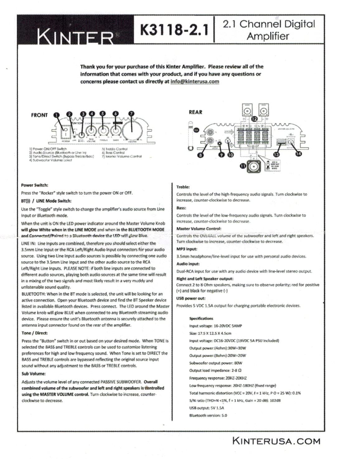 $11/mo - Finance Kinter K3118-2.1 Bluetooth 5.0 Stereo Digital Receiver ...