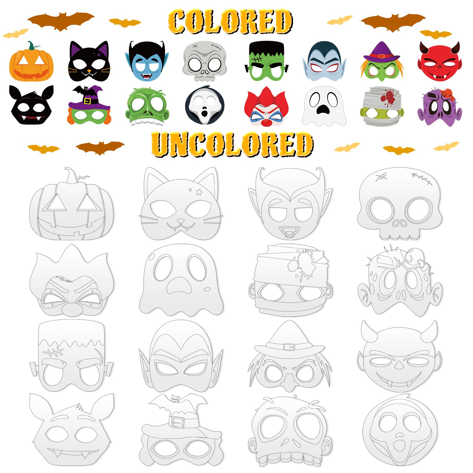 Snapklik.com : Lenwen 16 Pcs Halloween Coloring Masks Crafts Color Your ...