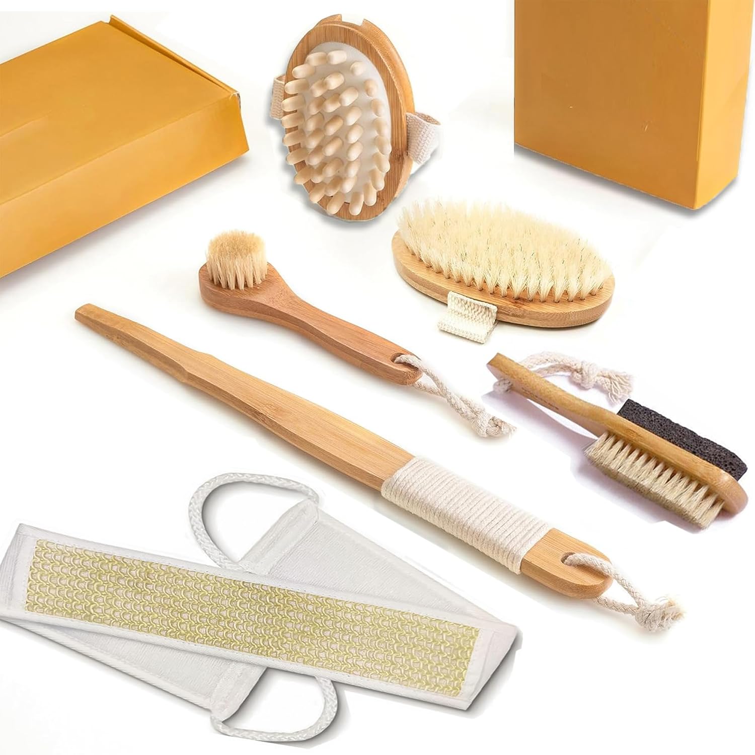 Dry Brushing Body Brush set - Wood Long Handle Back Scrubber Brush ...