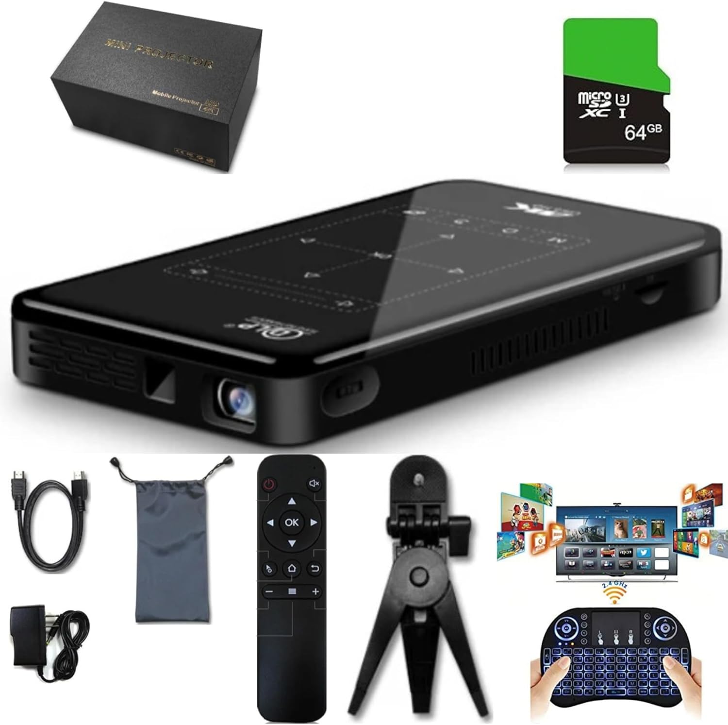 Amazon.com: (New) Mini Smart Android Pocket LED 4K Projector Bundle DLP ...