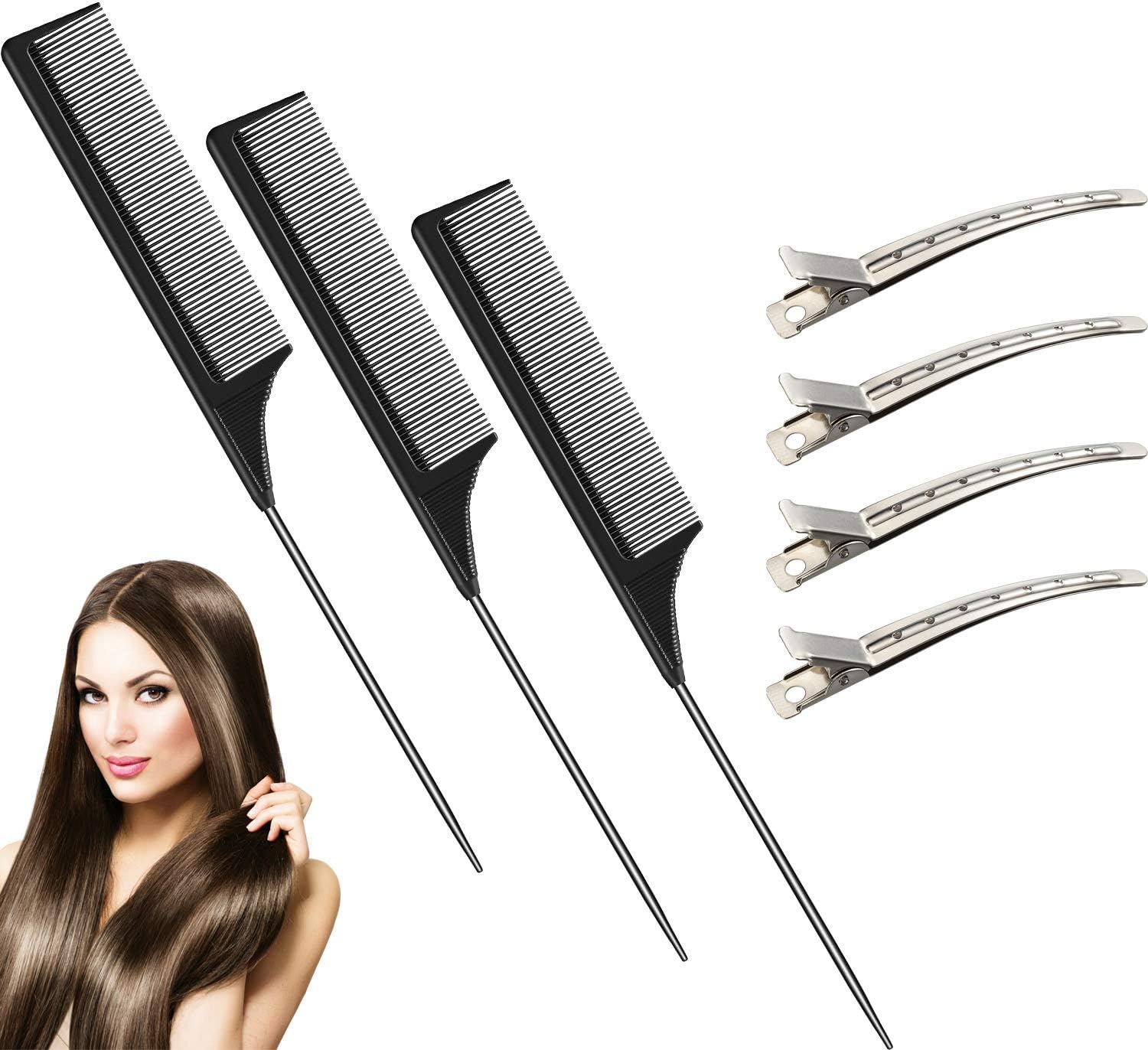 Amazon.com : 3 Packs Rat Tail Comb Steel Pin Rat Tail Carbon Fiber Heat ...