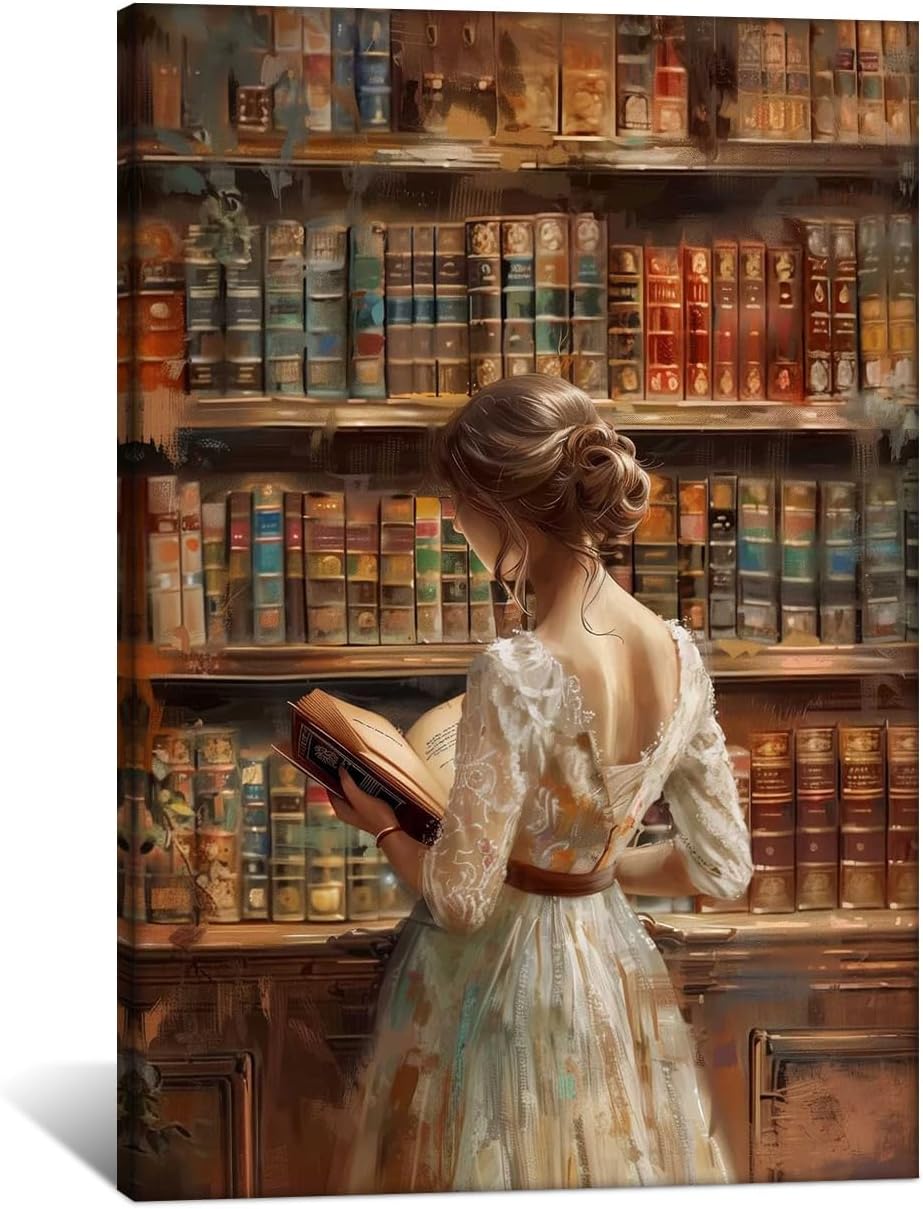 Amazon.com: Vintage Library Lady Portrait Wall Art, Book Nook Art ...