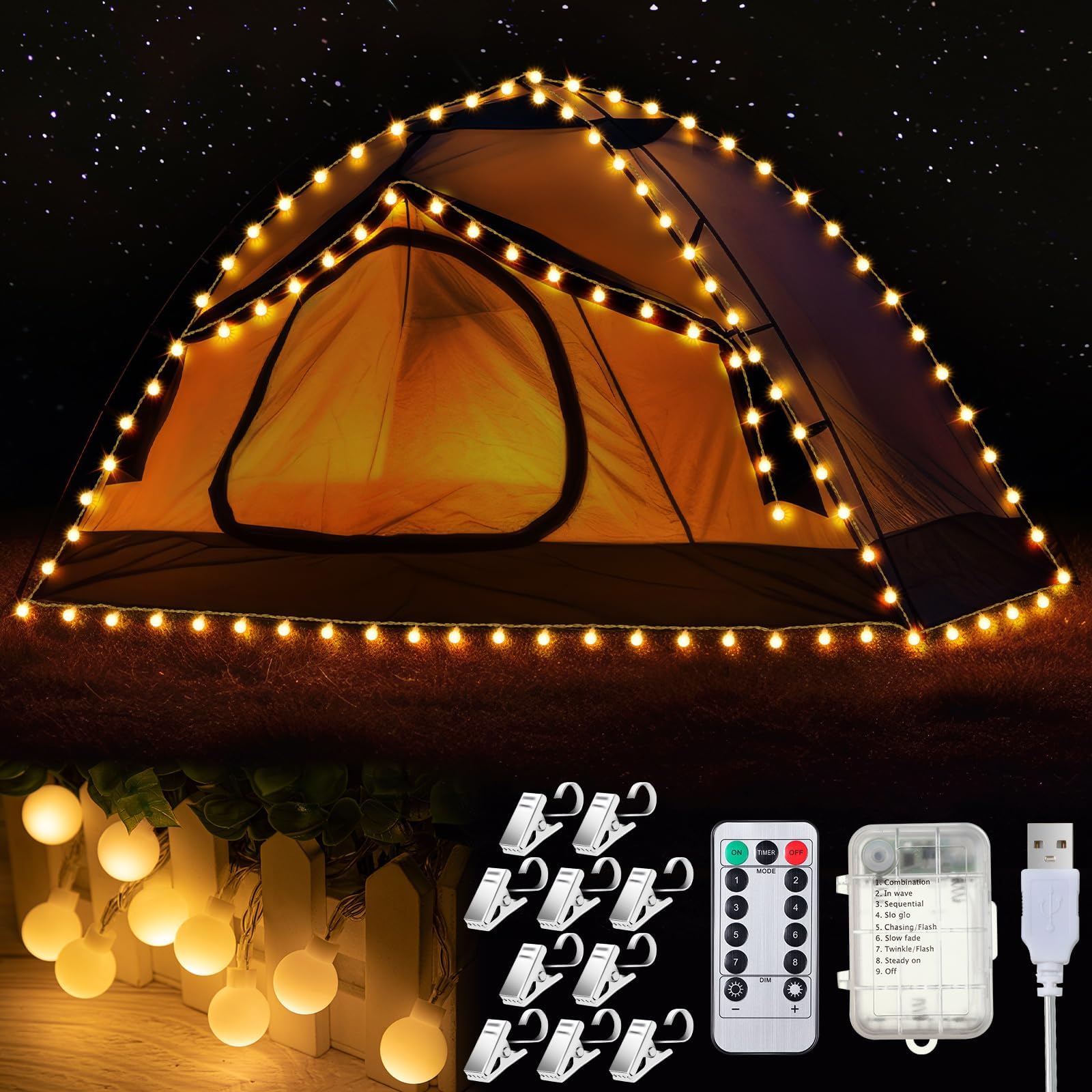 32FT Battery Operated Camping String Lights, 64 LED Globe Fairy Lights ...