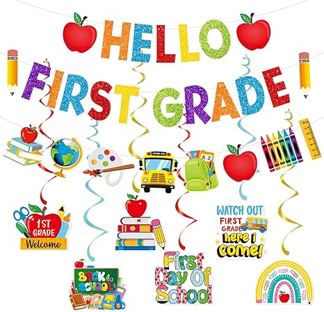 Amazon.com: Hello 1st Grade Banner, First Day of 1st Grade Decorations ...