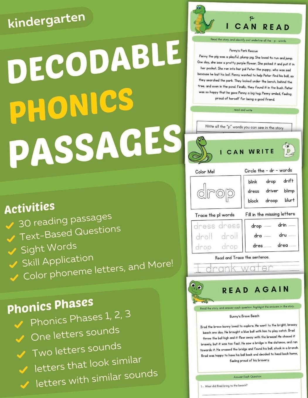 Buy Decodable Phonics Passages for Kindergarten: Improve Reading and ...