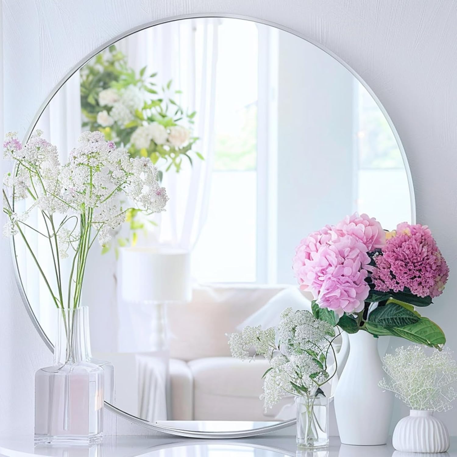 Amazon.com: Mfring Silver Round Mirror, Silver Round Mirror 24 inch ...