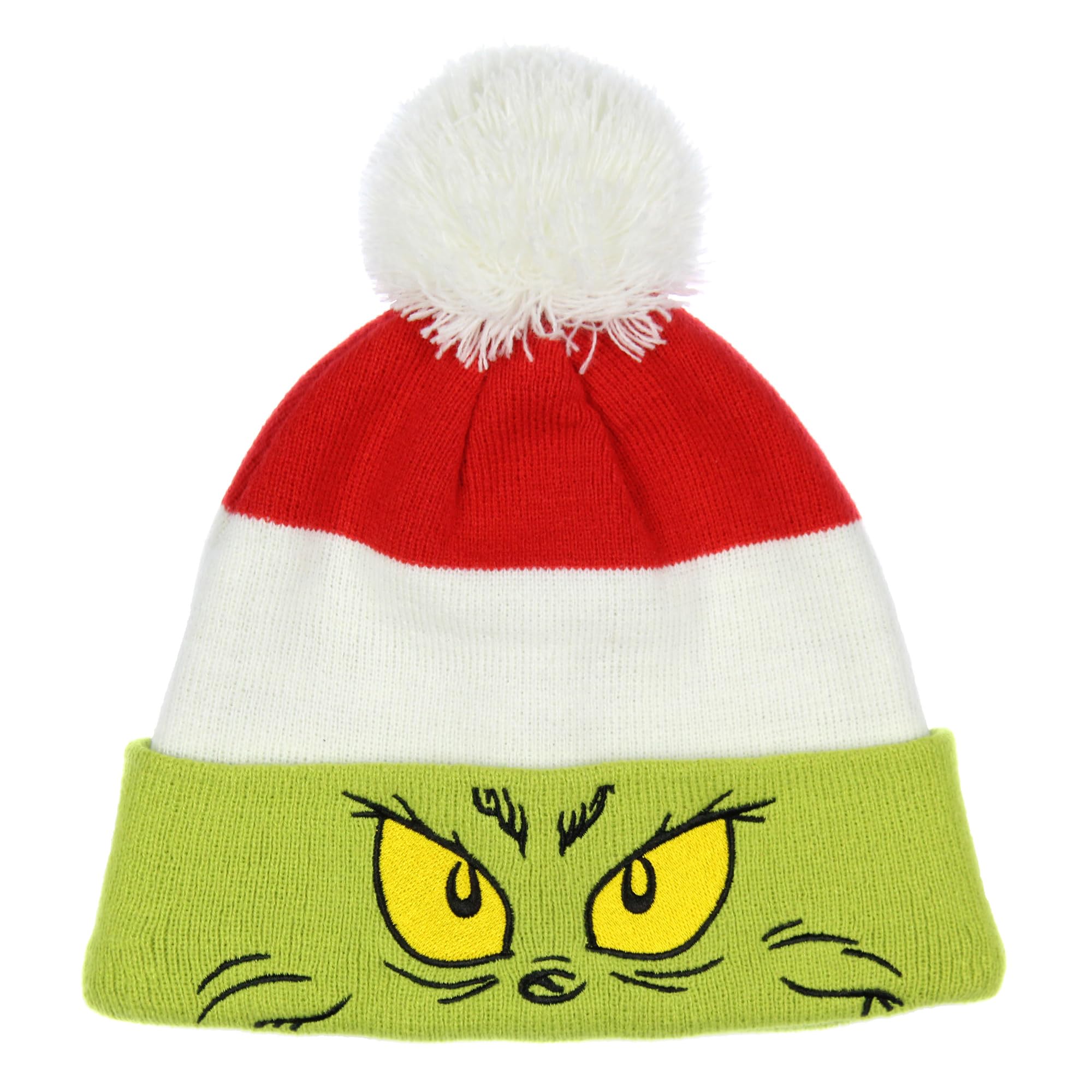 Dr. Seuss Grinch Embroidered Face Color Block Pom Fold Cuff Adult Knit ...