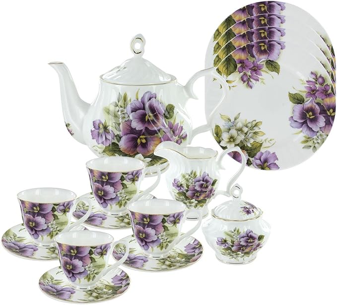 Amazon.com | Purple Pansy Bone China Tea Set | Gold Trimmed Design with ...