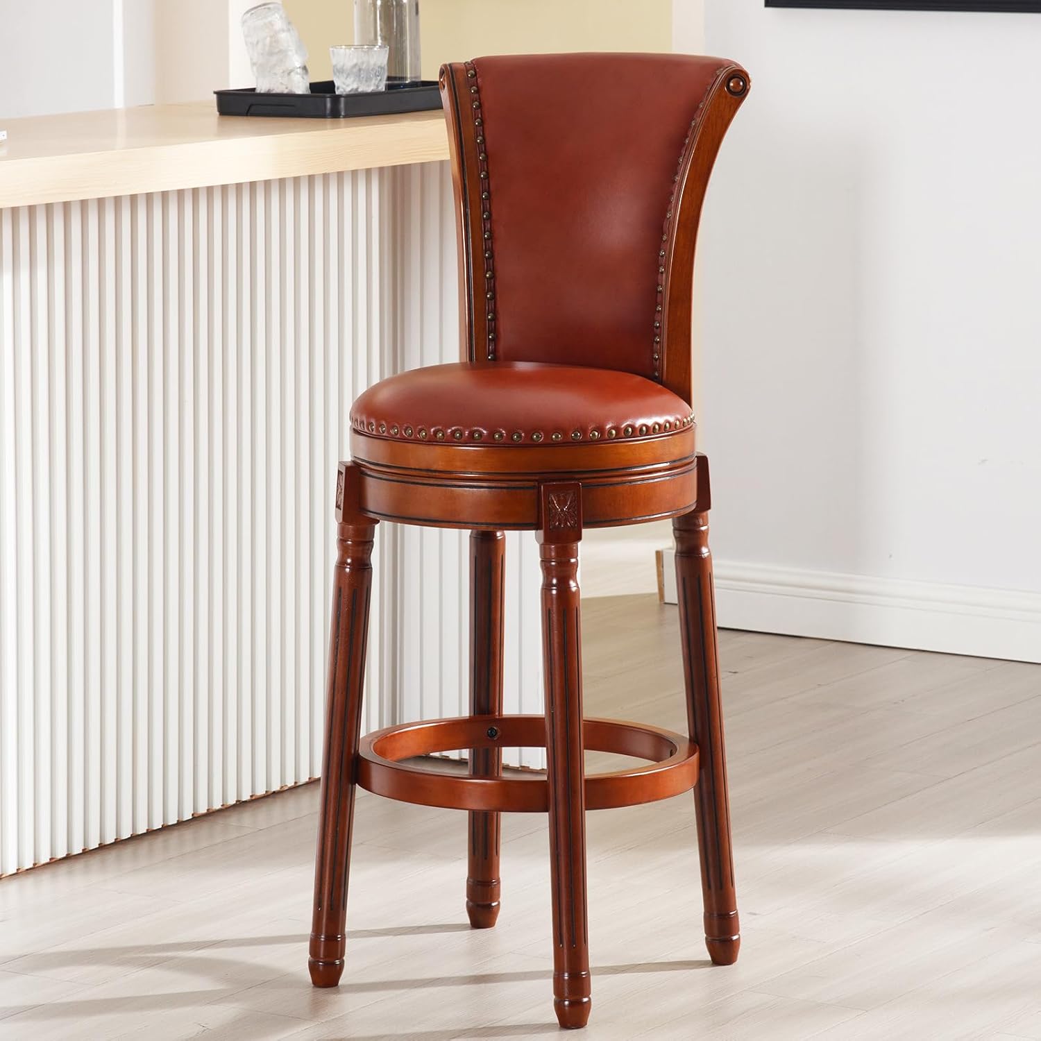 Amazon.com: RAINMOOD High Back Swivel Bar Stools with Full-Grain ...