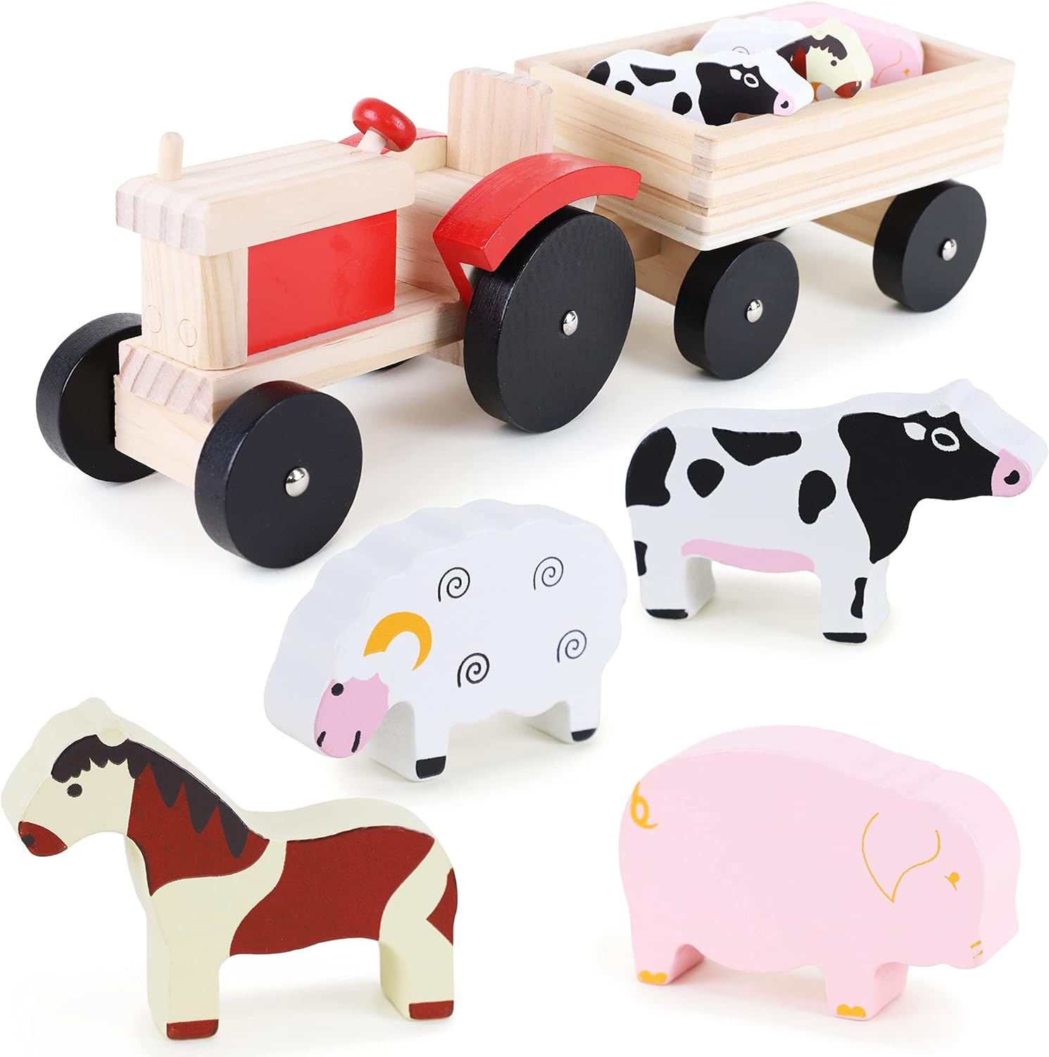 Toyland® 30cm Push Along Wooden Tractor & Trailer With Farm Animals ...
