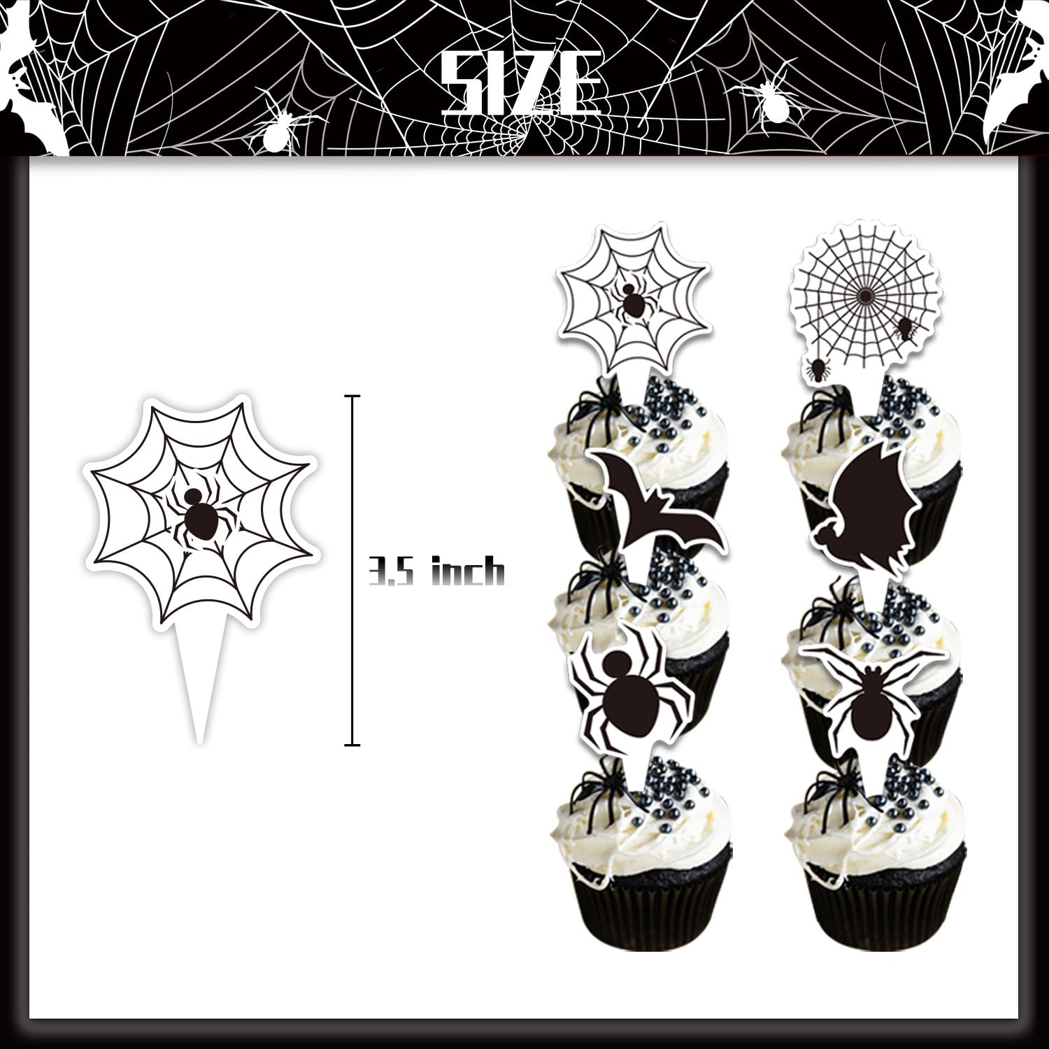 25 Pcs Halloween Spider Cupcake Topper Set Black Spider & Spider Web ...