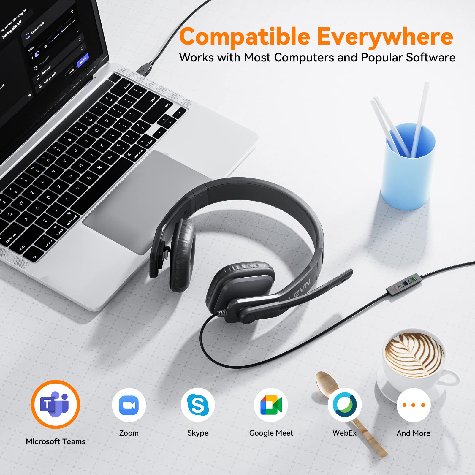 LEVN Wired Headset, USB Headset with Microphone for PC with Noise ...