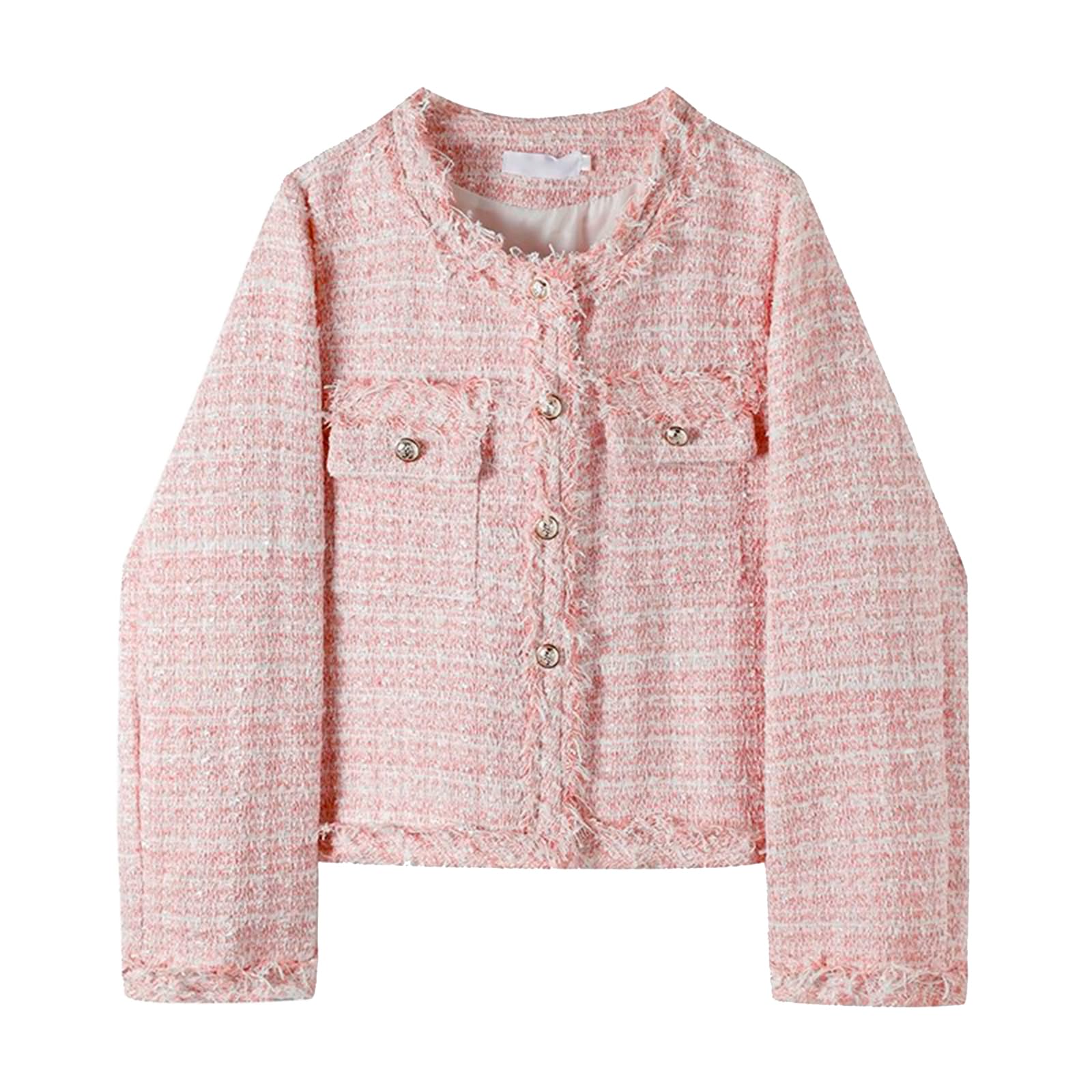 Womens Plaid White Tweed Blazer Open Front Collarless Elegant Work ...