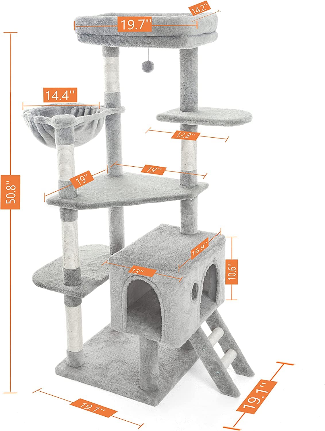 Pesofer 50.8 Inches Cat Tree Cat Condo with A Deep Basket Supported by ...