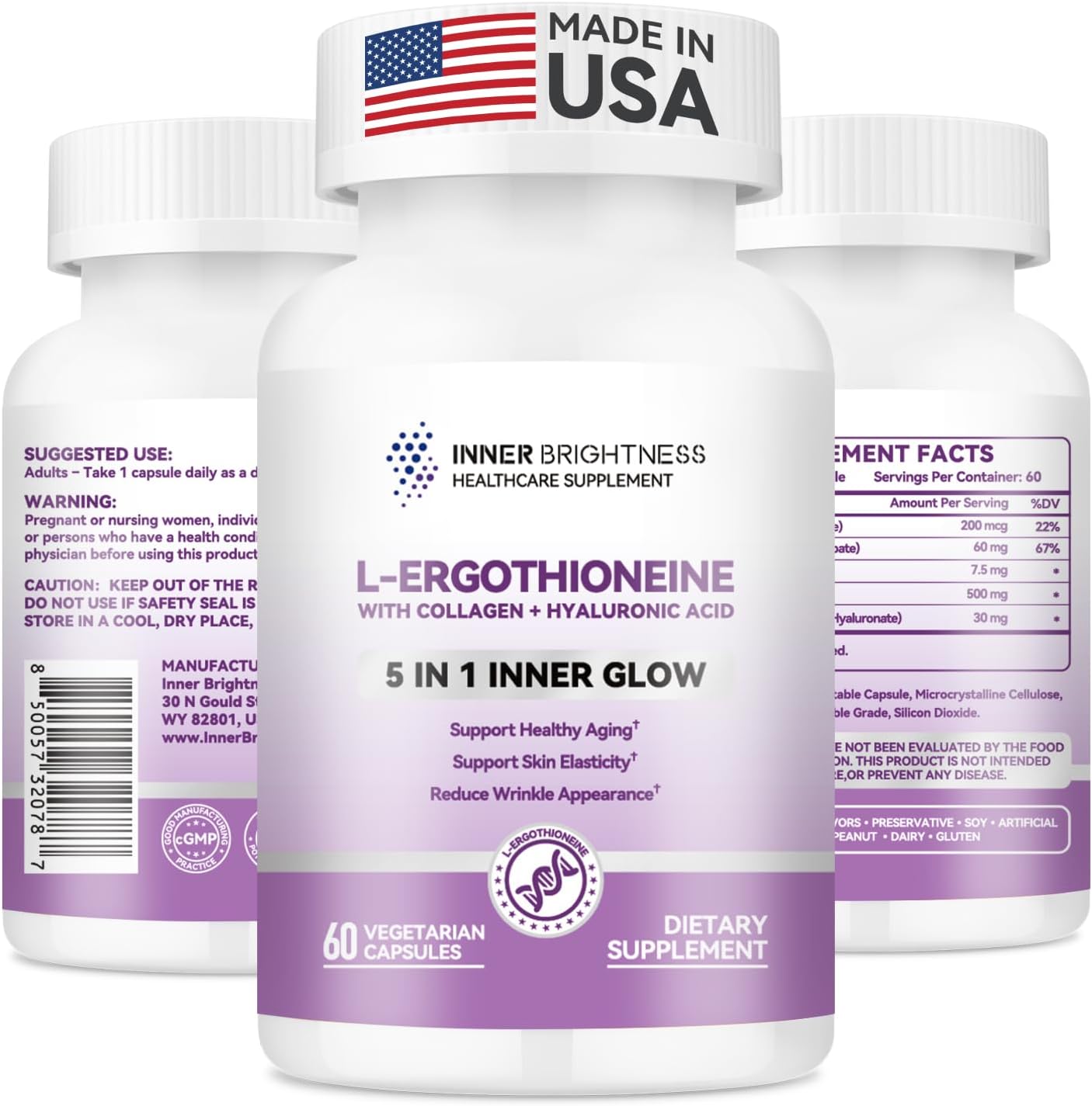 Amazon.com: Inner Brightness L-Ergothioneine Supplements with Hyaluronic Acid & Collagen for ...