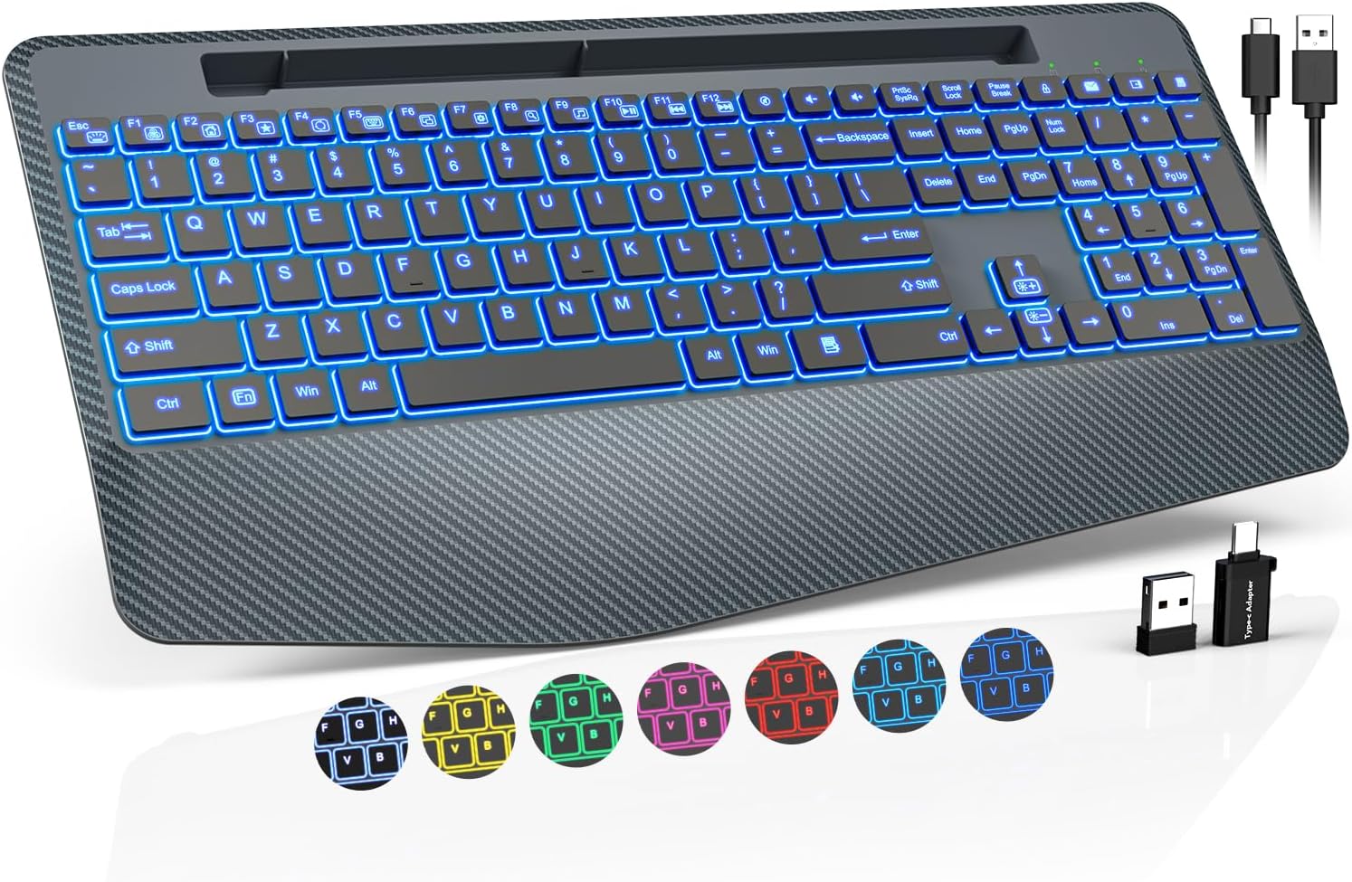 Amazon.com: Wireless Keyboard with 7 Colored Backlits, Wrist Rest ...