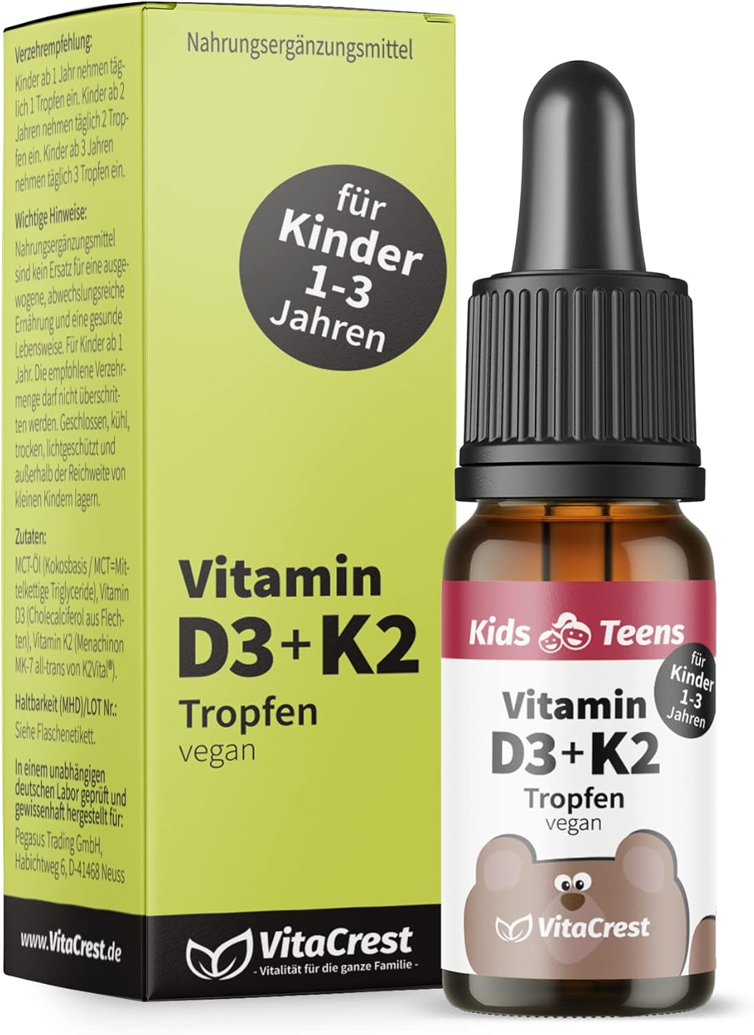 Vitamin D3 K2 Tropfen für Kinder ab 1 Jahr - 100% vegan - 5μg 200 IE Vitamin D aus Flechten ...