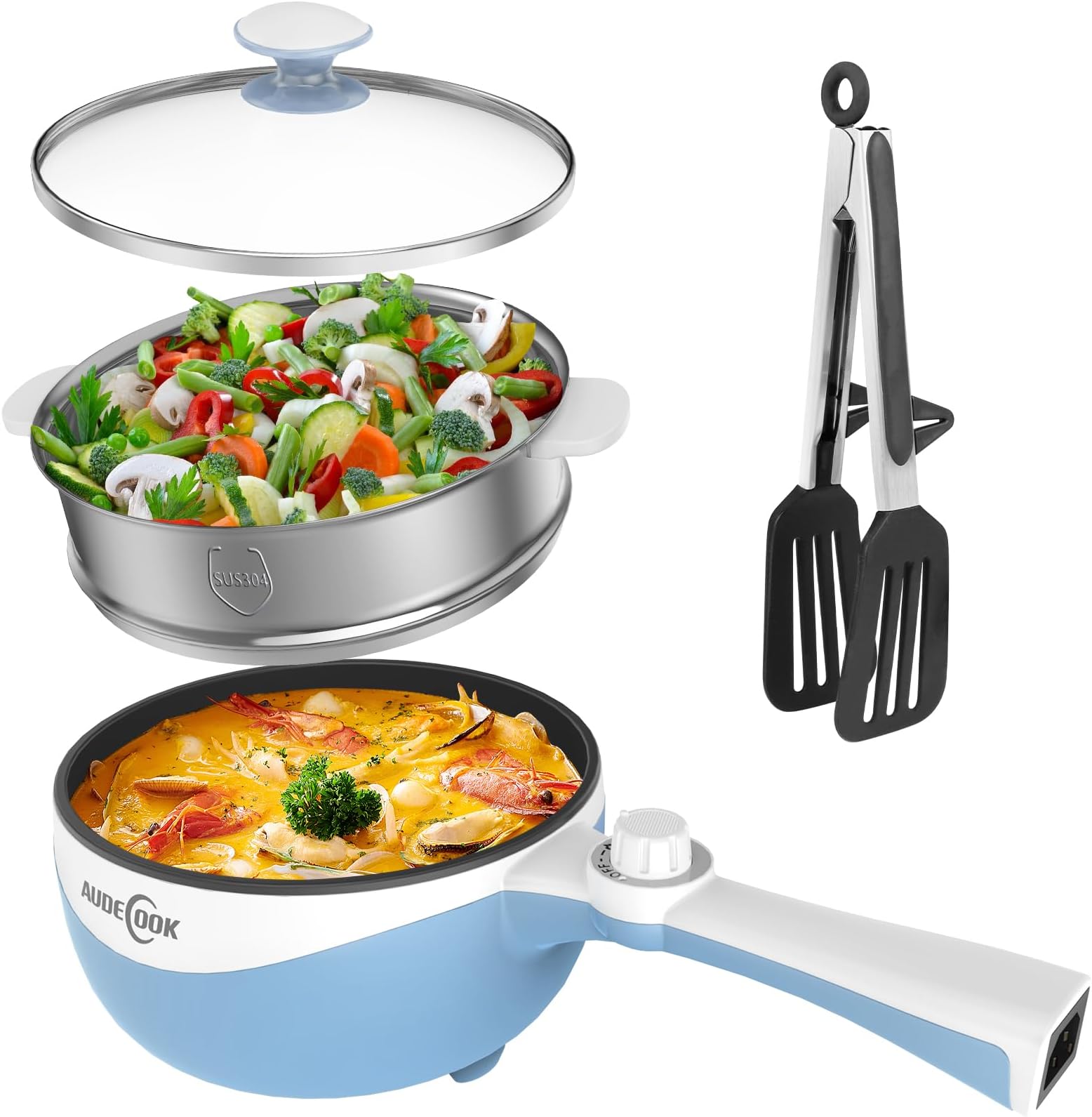 Audecook Electric Skillet with Steamer, 1.5L Electric Hot Pot Mini, Non ...