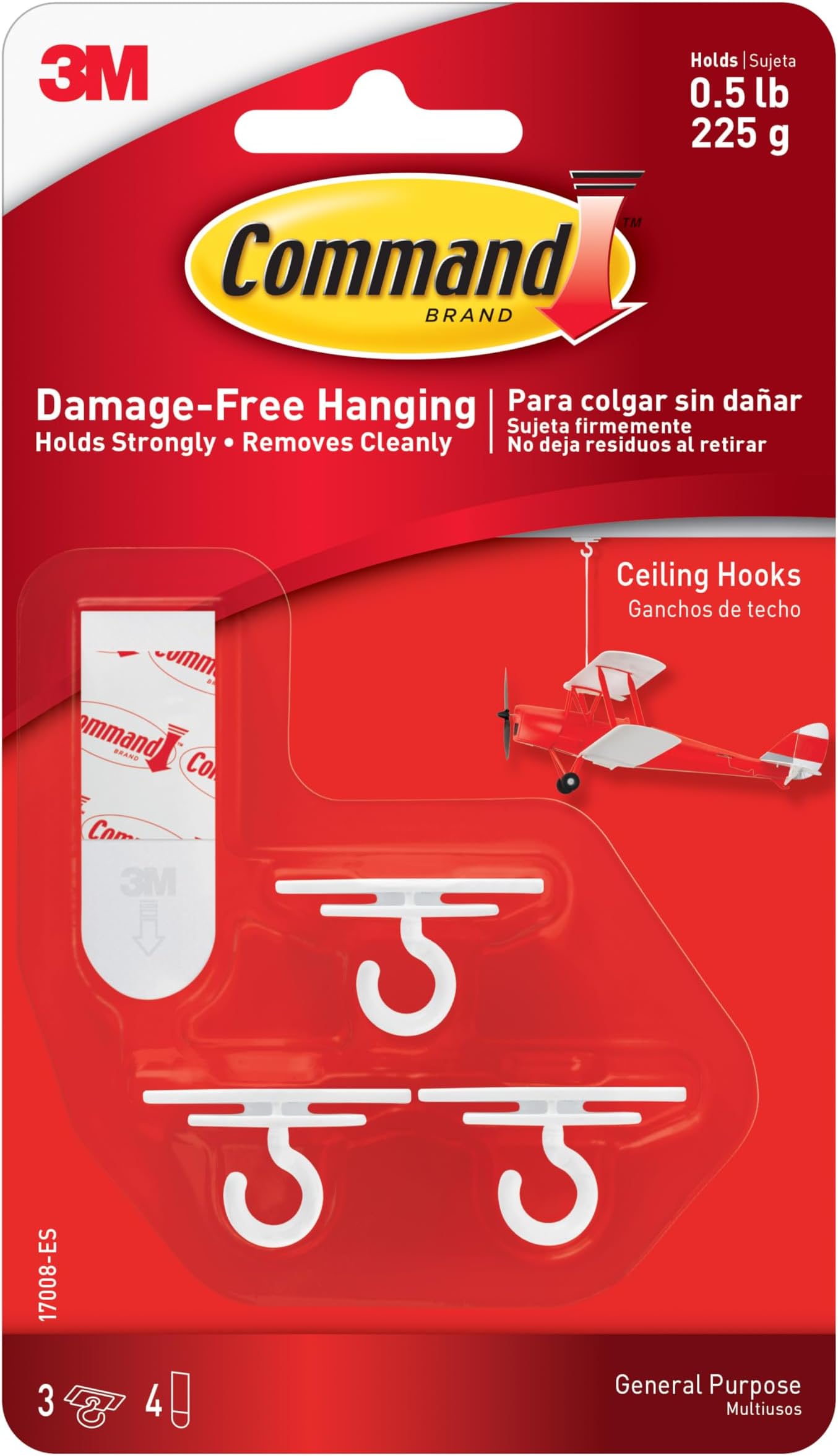 Command 17008 Ceiling, 225 g Load Capacity, 3 Hooks, 4 Strips, White ...