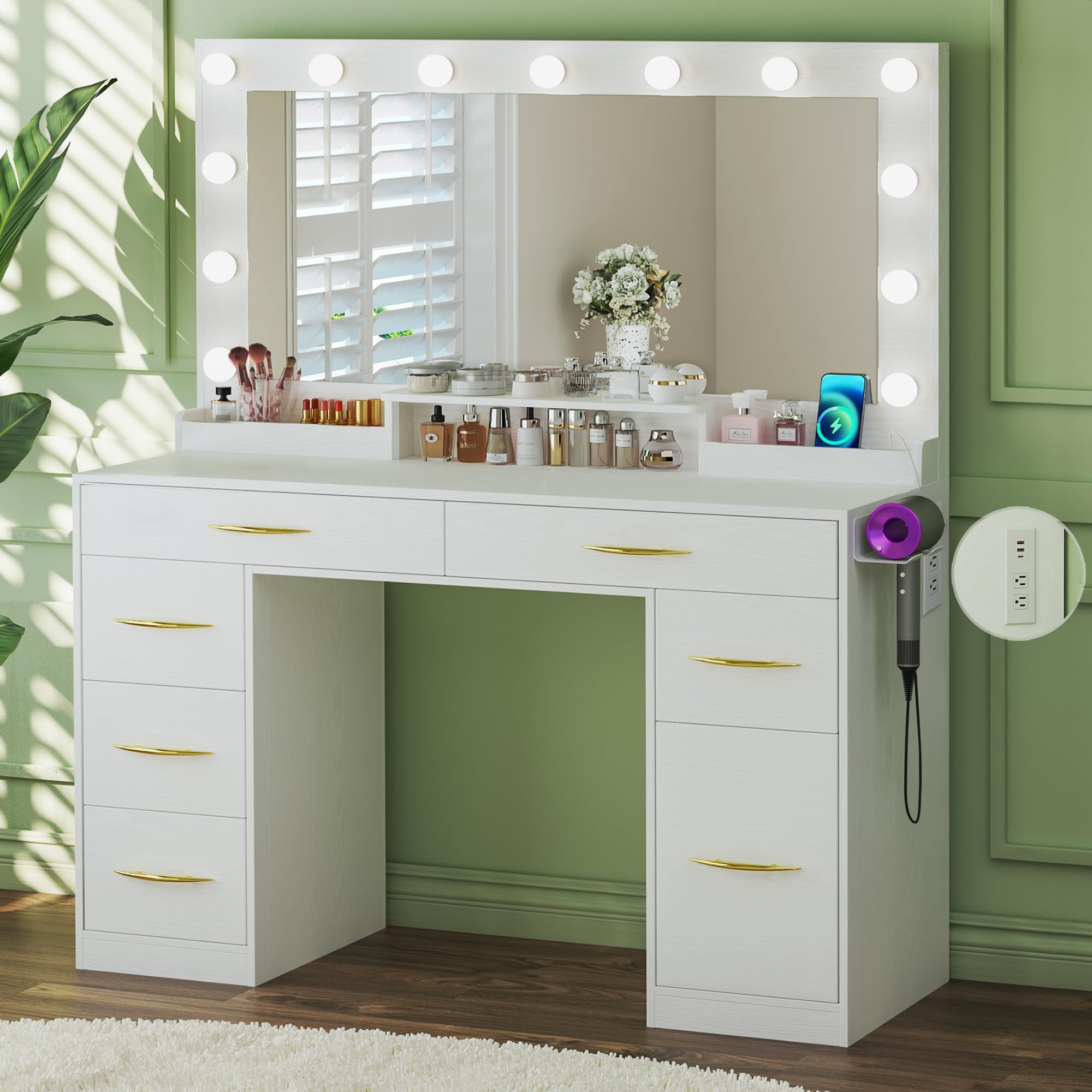 Amazon.com: Halitaa Makeup Vanity Desk with Lights, White Vanity Set ...